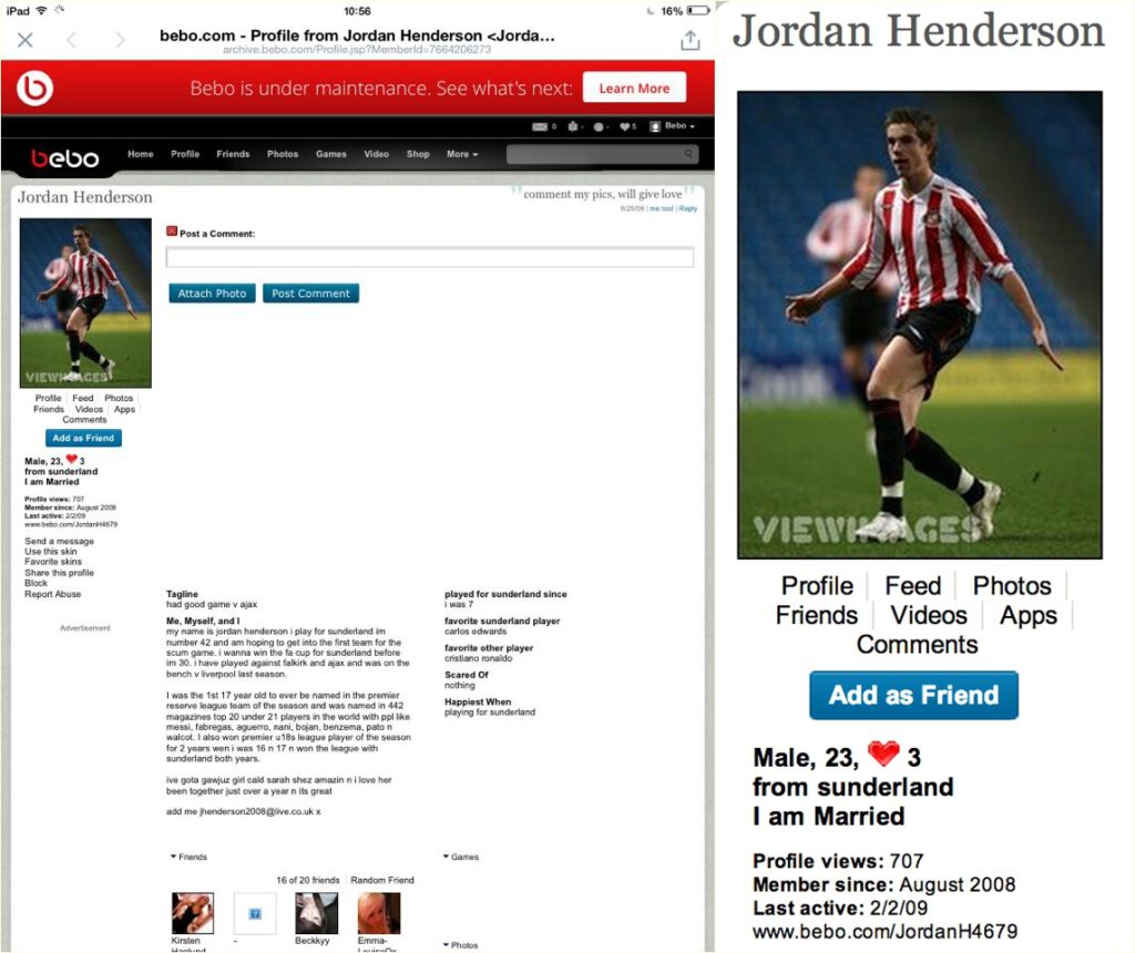 Jordan Henderson's Bebo profile from 2008